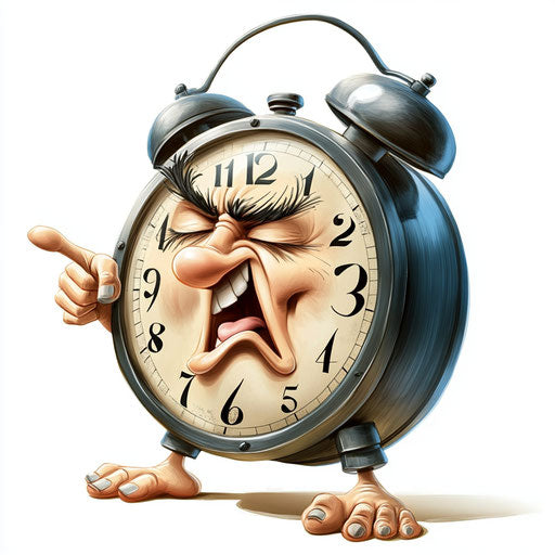 Caricature humoristique d'une horloge avec des traits humains exagérés ...