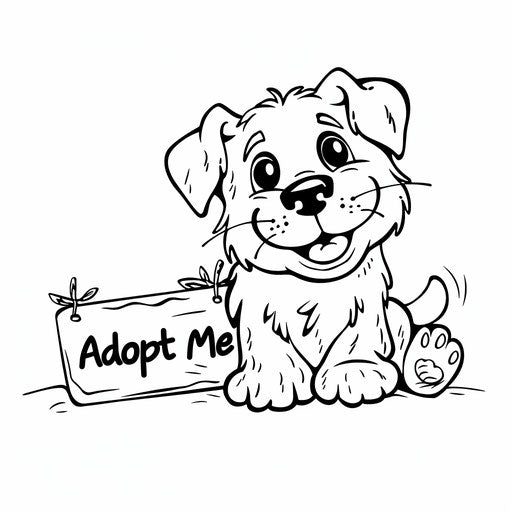 A simple drawing of a puppy with a big "Adopt Me" sign. Coloring book ...