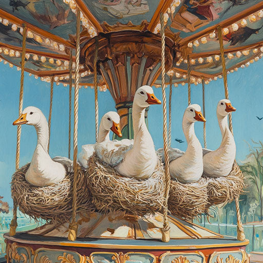 Six geese a-laying on a magical carousel, each nest rotating gently as ...