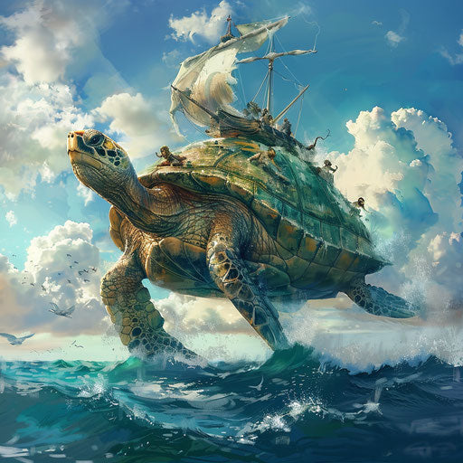 A turtle serving as a ship for tiny adventurers, sailing the open seas ...