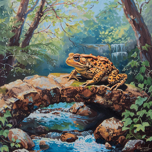 A Western leopard toad crossing a natural stone bridge over a babbling ...