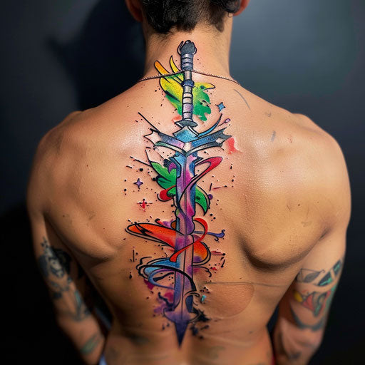Comic book style spine tattoo of a superhero emblem – IMAGELLA