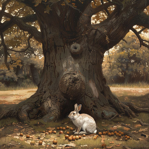 White rabbit nibbling on acorns in the shadow of the old oak tree ...