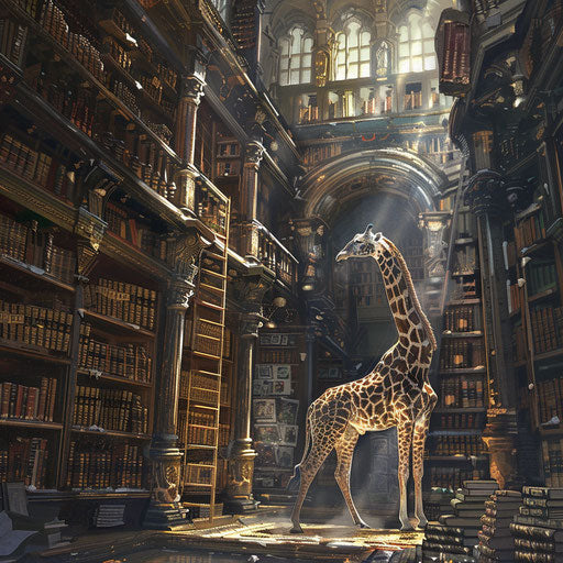 A giraffe librarian organizing books in a grand ancient library – IMAGELLA