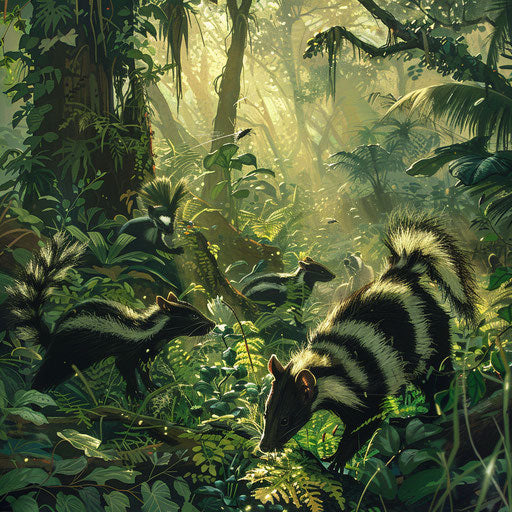 Family of eastern spotted skunks foraging for food in a lush, green ...
