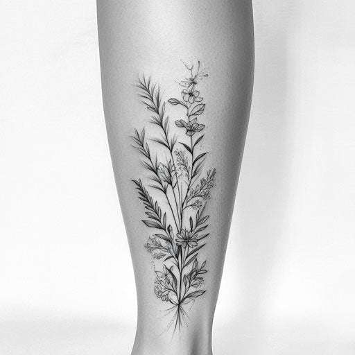 Flat tattoo sketch of lower leg with fine line botanical elements ...