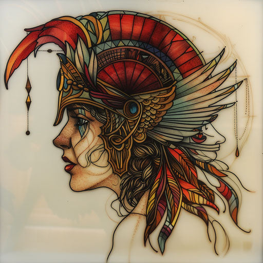 Colorful stained glass tattoo of Athena, with bold outlines and bright ...