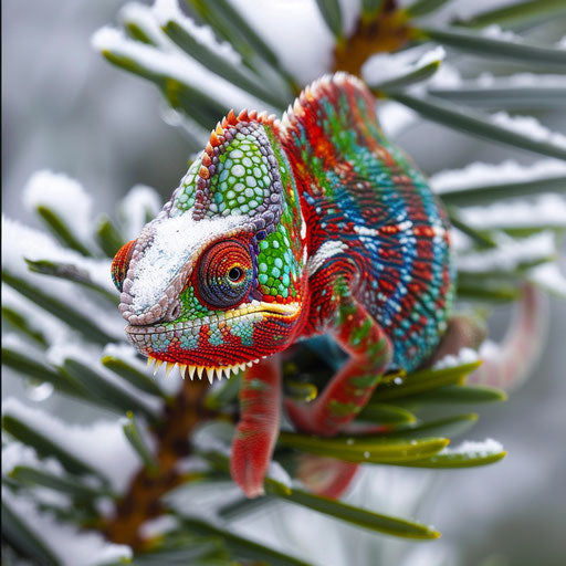 Chameleon on snow-covered pine branch in winter landscape – IMAGELLA