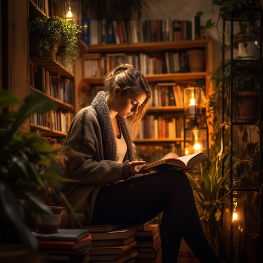 Reading peacefully in a cozy home library – IMAGELLA