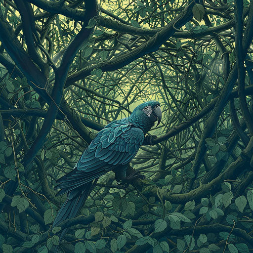 An Spix's macaw navigating through a maze of tree branches in the dense ...