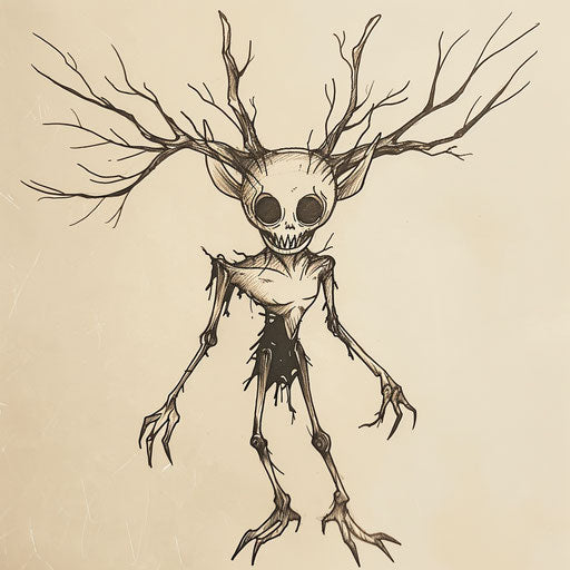 Whimsical flat tattoo sketch of a cartoonish Wendigo with exaggerated ...