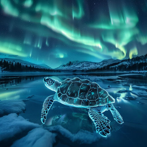 Ice turtle gliding on frozen lake under northern lights – IMAGELLA