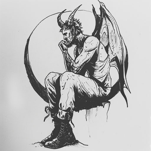 Tranquil tattoo sketch of Lucifer in contemplative pose – IMAGELLA