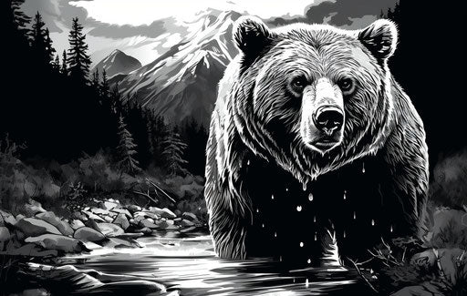 Grizzly bear, vector, high-contrast shading style, realistic water ...