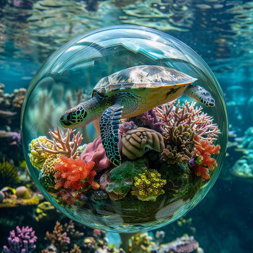 A turtle with a transparent shell, revealing a vibrant coral reef ...