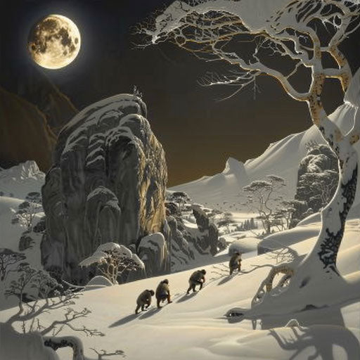 Chilling tableau of monkeys silently moving through a moonlit, snowy ...