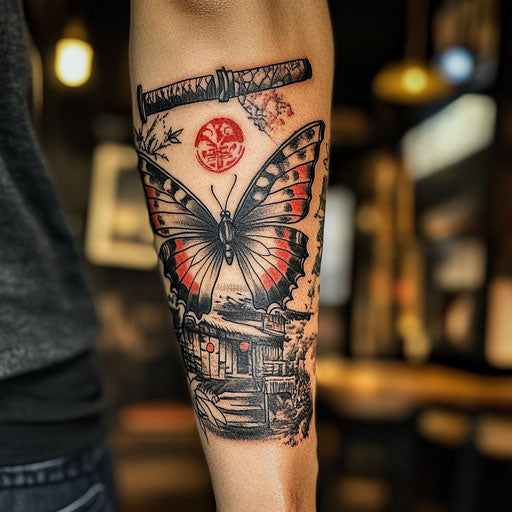 Butterfly tattoo with samurai symbols, Ami James style – IMAGELLA