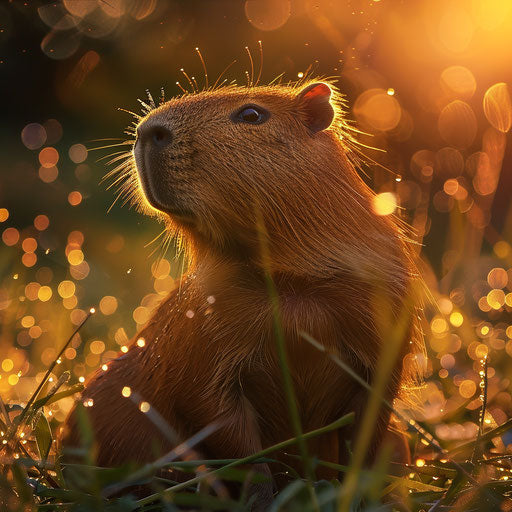 Capybara illuminated by morning light with dew on the grass – IMAGELLA
