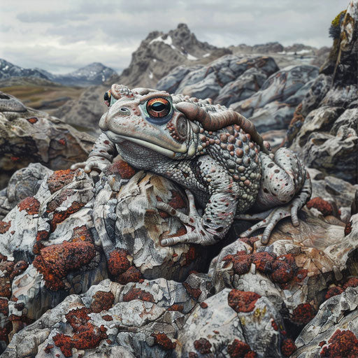 A toad blending into a rocky landscape in the style of Simen Johan ...