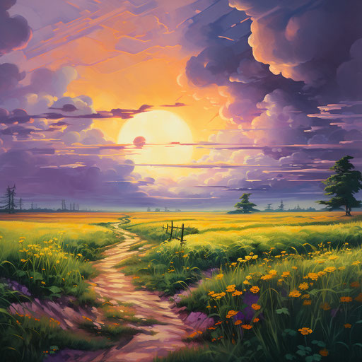 Yellow path in grass under clouds, light emerald and emerald style ...