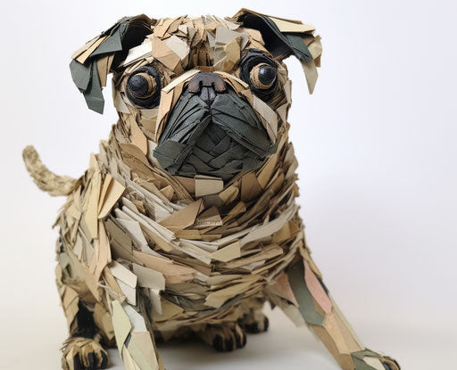 Person looking up with a pug dog, cut/ripped style, emotionally complex ...