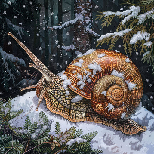 Wolf snail exploring snowy landscape with snowflakes on shell – IMAGELLA
