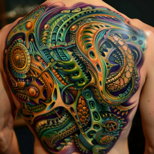 Abstract biomechanical back tattoos for men with vibrant colors – IMAGELLA