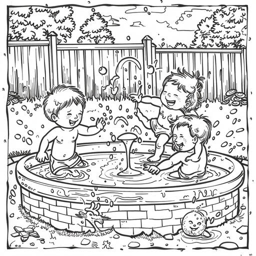 Friends splashing in pool, playful scene. Coloring book page – IMAGELLA
