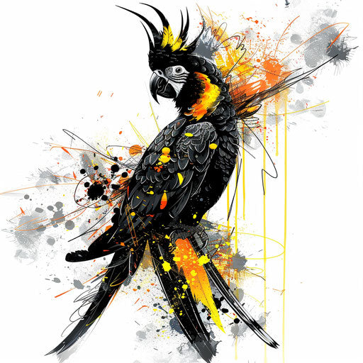 Abstract expressionist tattoo sketch of a yellow-tailed black cockatoo ...