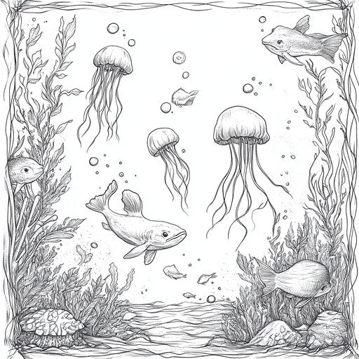 Playful animals swimming with jellyfish, Teagan White style, coloring ...