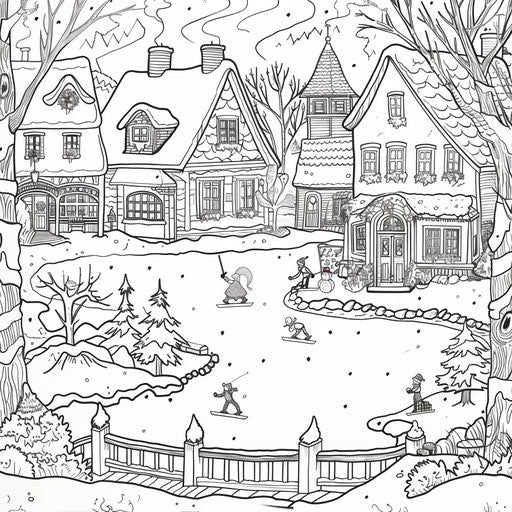 Cozy winter village with snow-covered cottages and ice skaters – IMAGELLA