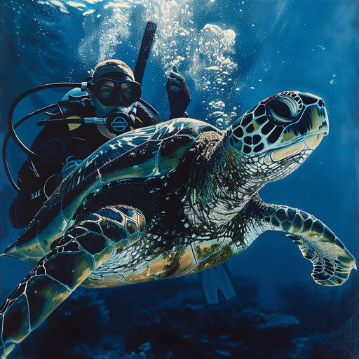 A sea turtle swimming alongside a scuba diver in the style of Tim Flach ...