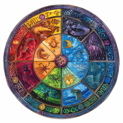 Zodiac wheel tattoo sketch with vibrant colors for each sign – IMAGELLA
