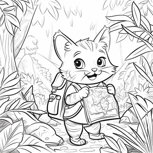 Cartoon cat explorer with backpack and map in the jungle – IMAGELLA