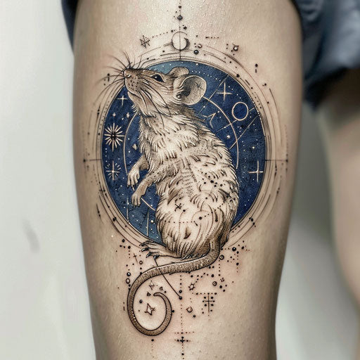 Tasteful rat design with celestial patterns in silver and midnight blue ...