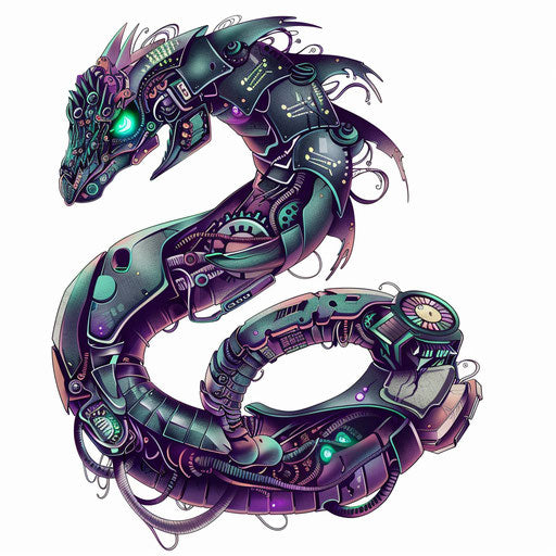 Mechanical serpent with circuit board scales, glowing eyes – IMAGELLA