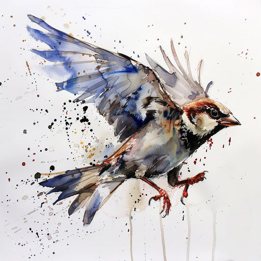 Sparrow in mid-flight, capturing motion with watercolor splashes, on a ...