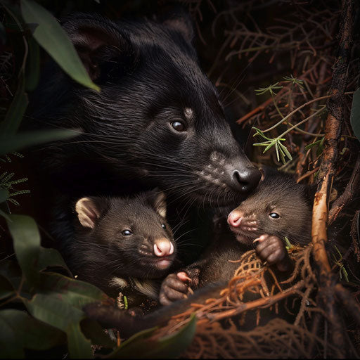 An intimate scene of a Tasmanian devil caring for its young in the ...