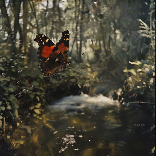 Red admiral butterfly in mid-flight over a babbling brook in a dense ...