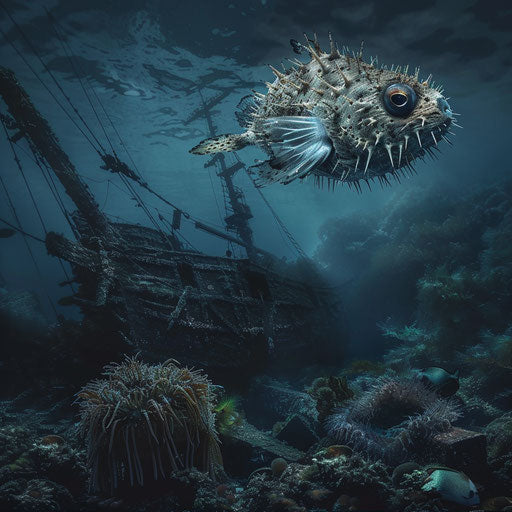 Puffer fish floating near a sunken shipwreck – IMAGELLA