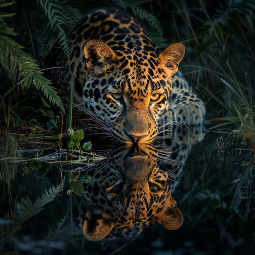Amur leopard's reflection in tranquil forest pond at sunset – IMAGELLA