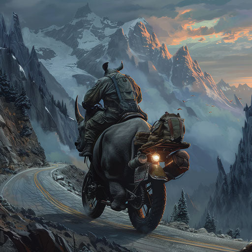 Rhino on vintage motorcycle on mountain road at dusk – IMAGELLA