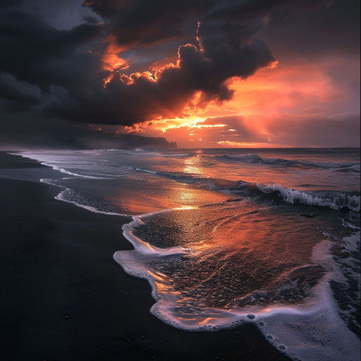 Melancholic sunset on a black sand beach with crashing waves and dark ...