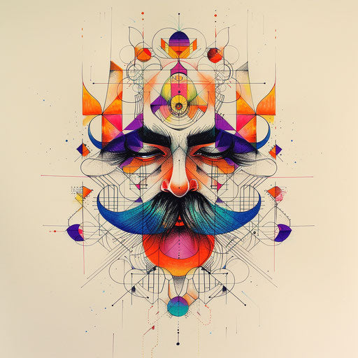 Abstract sketch of a mustache with geometric patterns in vivid hues ...