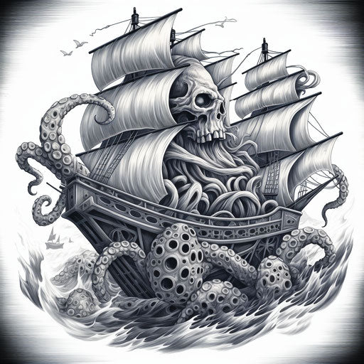 Octopus ship tattoo illustration, exploratory line work style – IMAGELLA