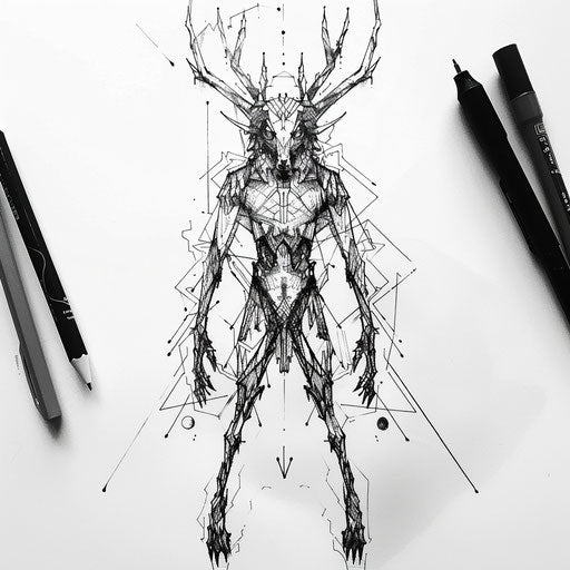 Contemporary flat tattoo sketch of a Wendigo with minimalist, geometric ...