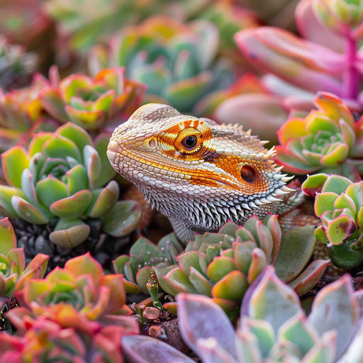 Bearded dragon peeking out from colorful succulents – IMAGELLA