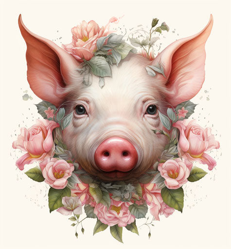 Pig with flowers, captivating, symmetrical style – IMAGELLA