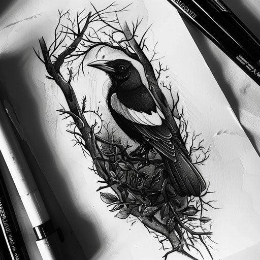 Flat Gothic tattoo sketch of a magpie in a dark thorny forest – IMAGELLA
