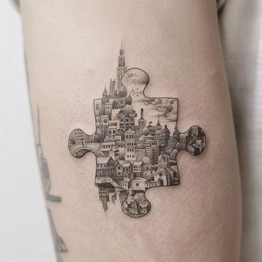 Hyper-detailed puzzle piece tattoo with city life microcosm – IMAGELLA